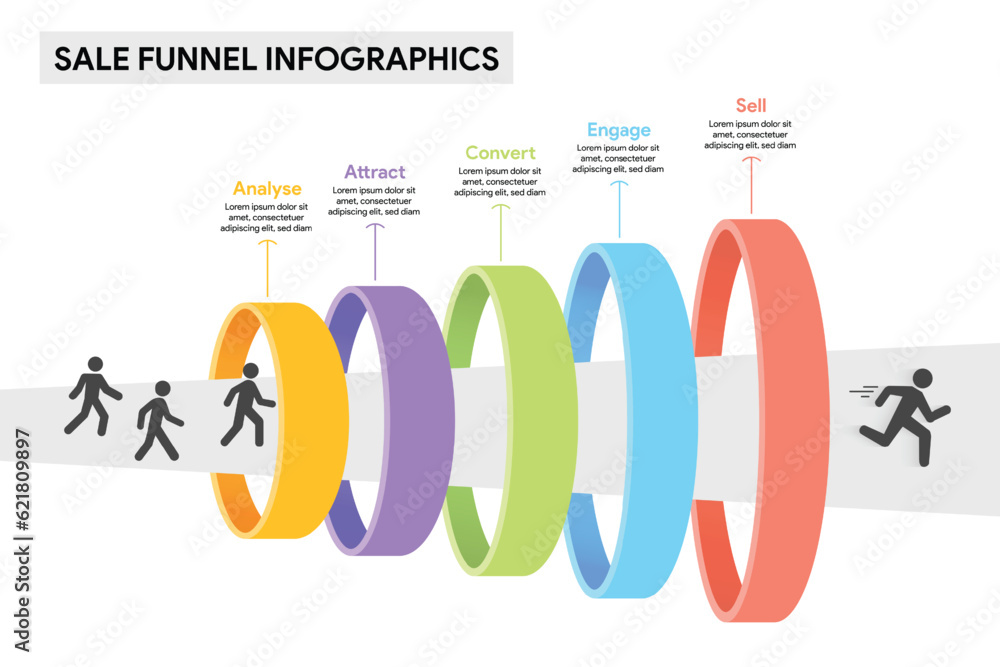 5 phase circular tunnel diagram. 3D Infographic template illustration ...