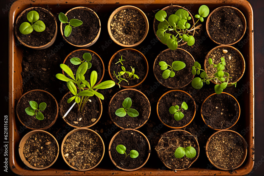Intricate top view of seed tray flourishing with neat rows of young ...