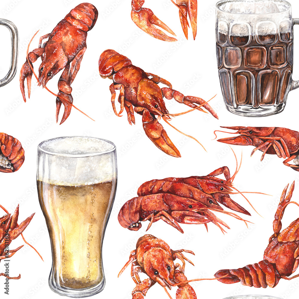 Seamless pattern of boiled crayfish and glasses of beer Watercolor ...