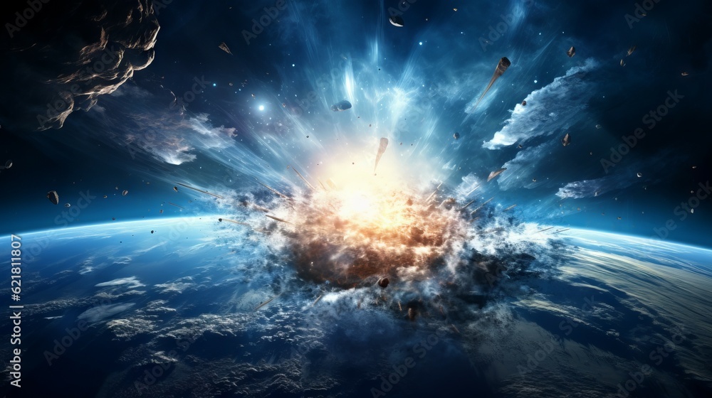 Explosions from the collision of asteroids with the planet earth in outer space. Asteroid ...
