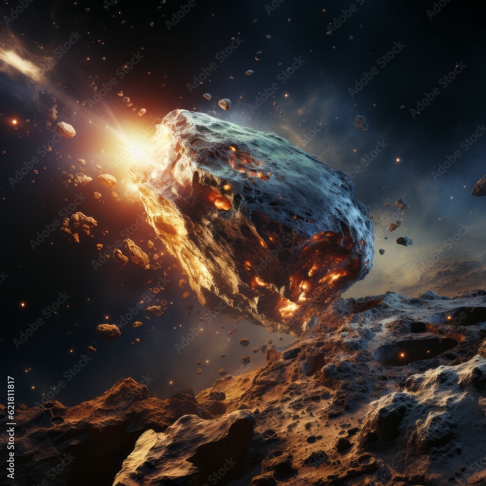 Abstract 3d rendering of collision burning asteroid in outer space with planet. Massive cosmic ...