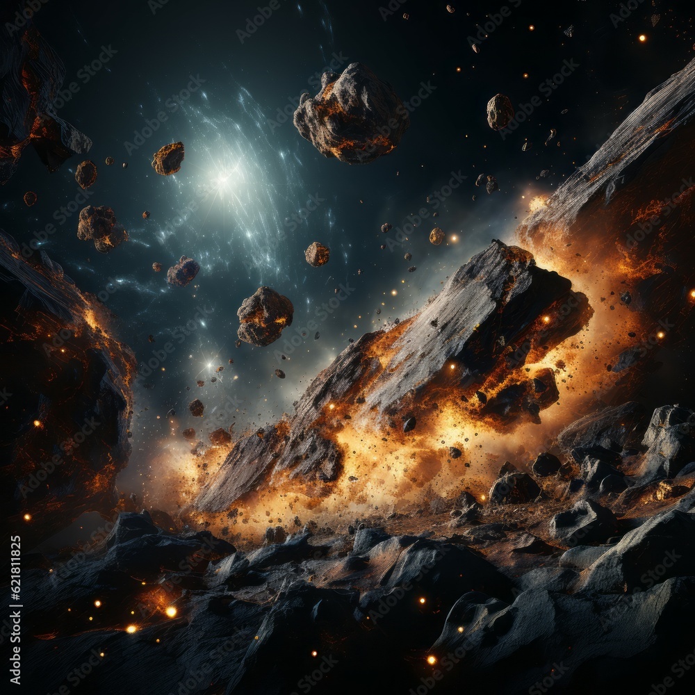 Collision burning asteroid in outer space with planet. Massive cosmic asteroid impacts in deep ...
