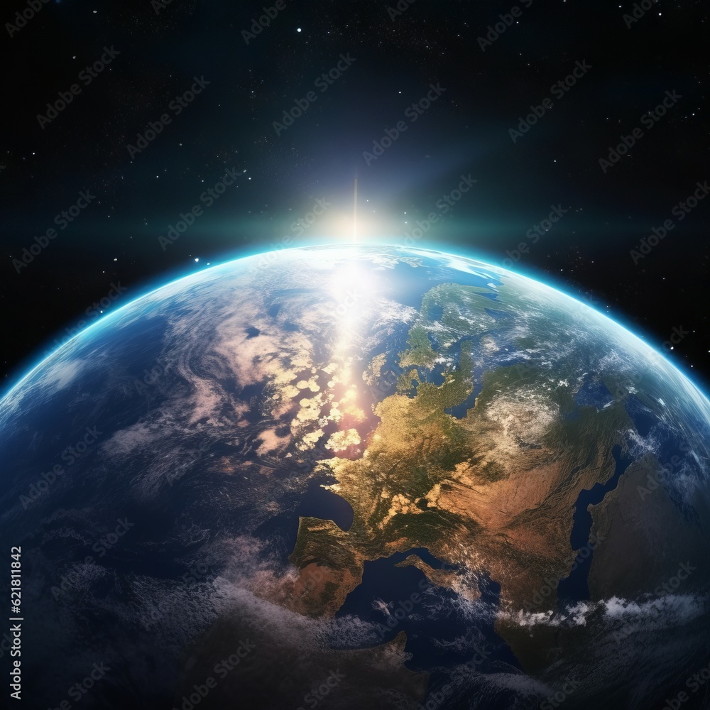 Sunrise above planet Earth as seen from space. Beautiful golden sunrise ...