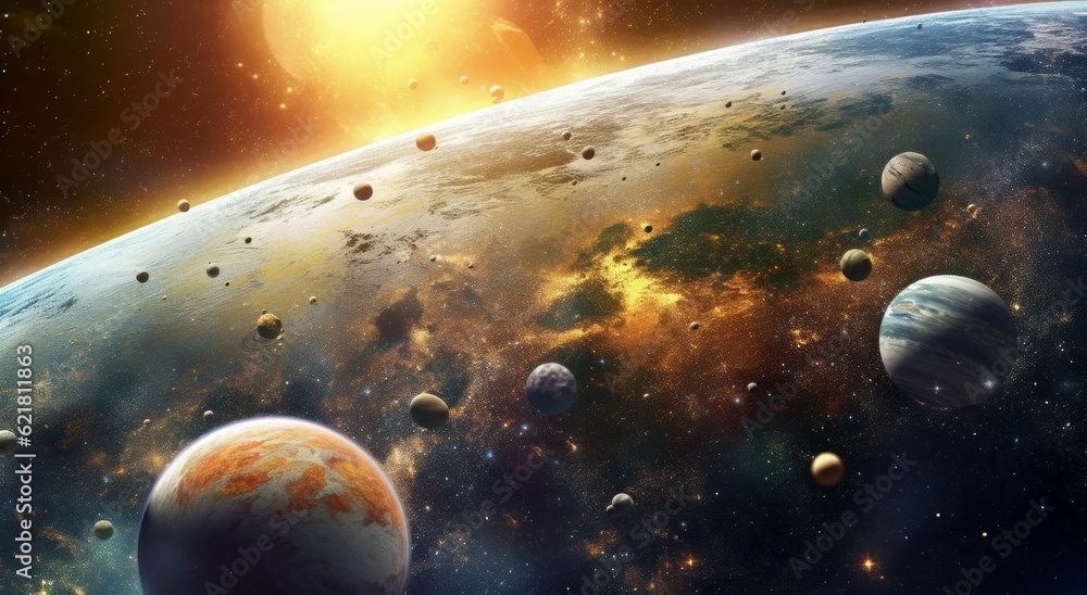 Cosmic landscape with planets, stars and galaxies in space. Solar ...