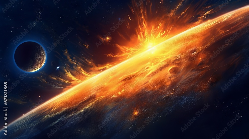 Oil art illustration of Fiery planet in space with moon and stars ...