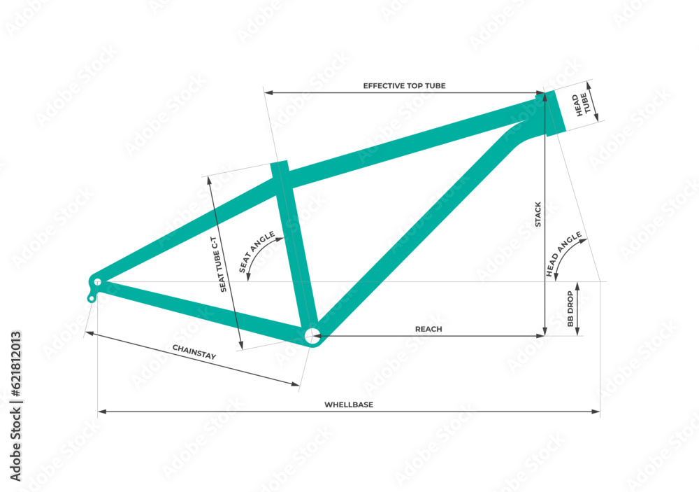 Vector drawing of mountain bike geometry with description of individual ...