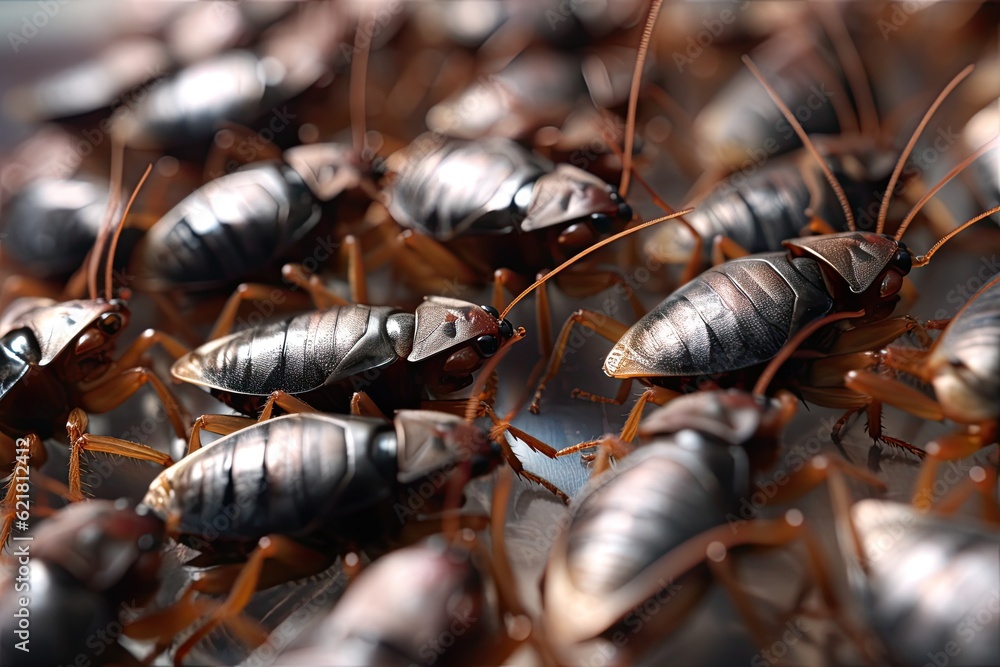 A close-up view revealing an abundance of cockroaches infesting a house ...
