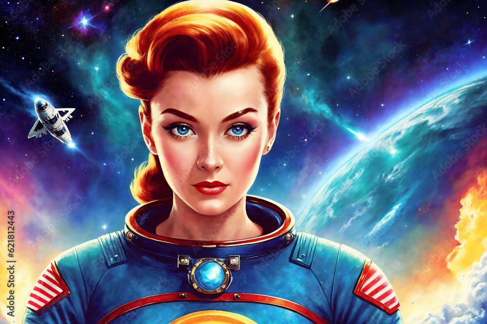 Portrait of a beautiful woman as an astronaut, space theme in the retro ...