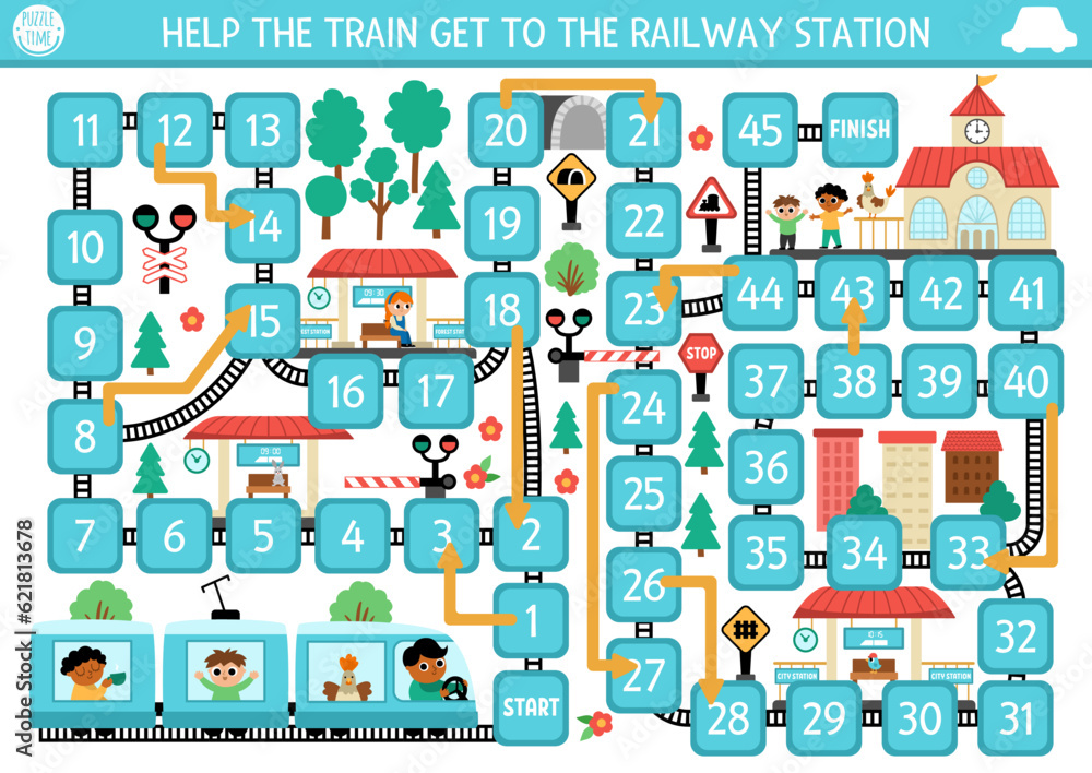 City transport dice board game for children with train going to railway ...