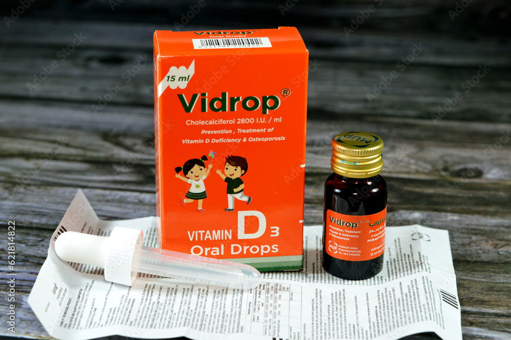 Cairo, Egypt, June 26 2023: Vidrop 2800IU oral drops, Vitamin D analog ...