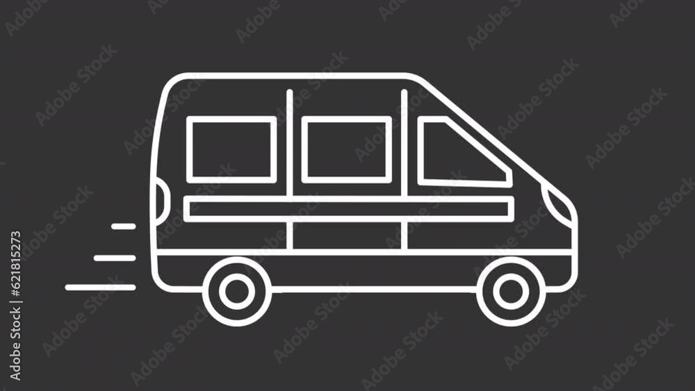 Animated minibus white line icon. Small bus riding animation. Shuttle ...