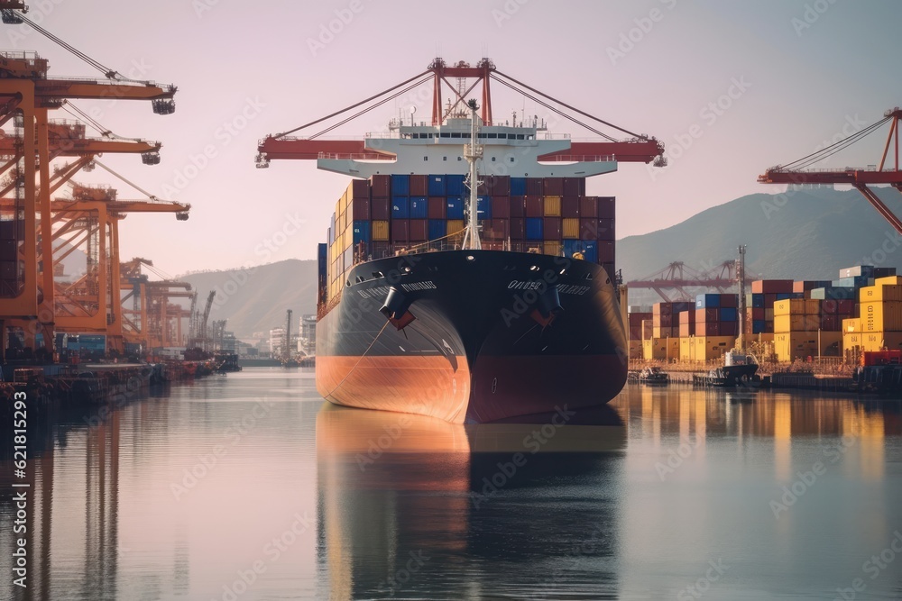 Container ship enters the water area of a giant seaport cargo terminal ...
