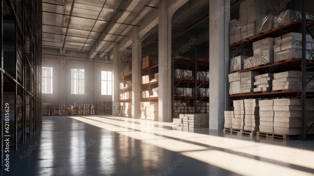 Large industrial warehouse. Tall racks completely filled with boxes and ...