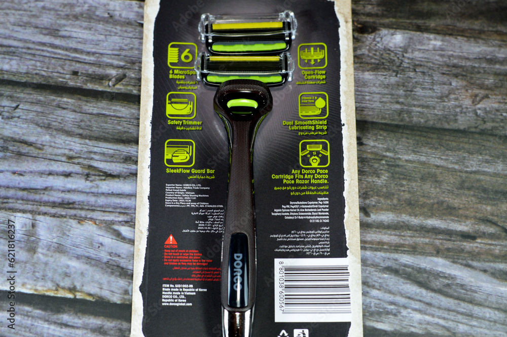 Cairo, Egypt, July 5 2023: Dorco Pace 6 Pro for shaving comes with ...