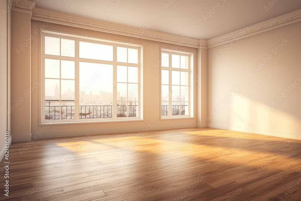 Corner of an empty room with beige walls, a wooden floor, and two ...