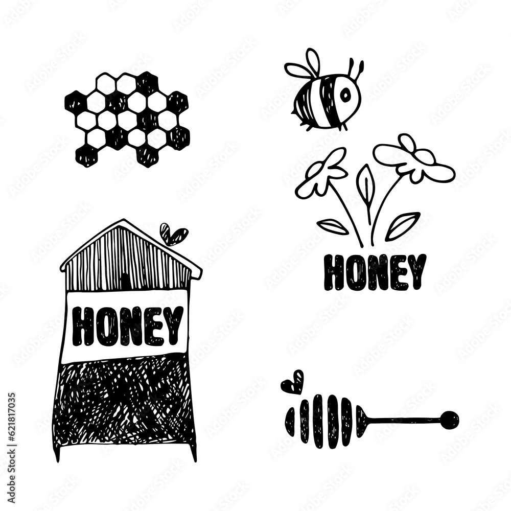 Doodle stickers, labels for bee products. Fresh honey. Cartoon hand ...