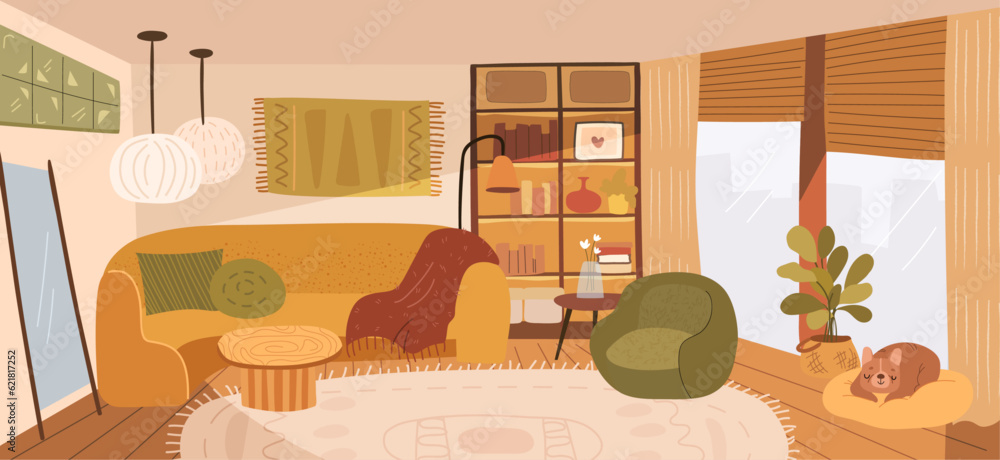 Modern living room with furniture and curtains on panoramic window ...