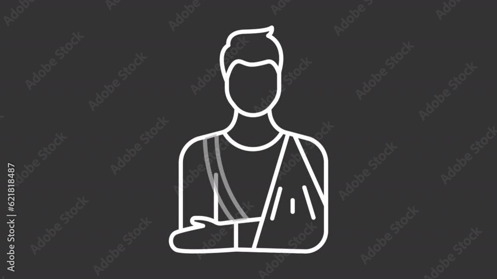 Animated injured man white line icon. Bandage wrapping broken arm ...