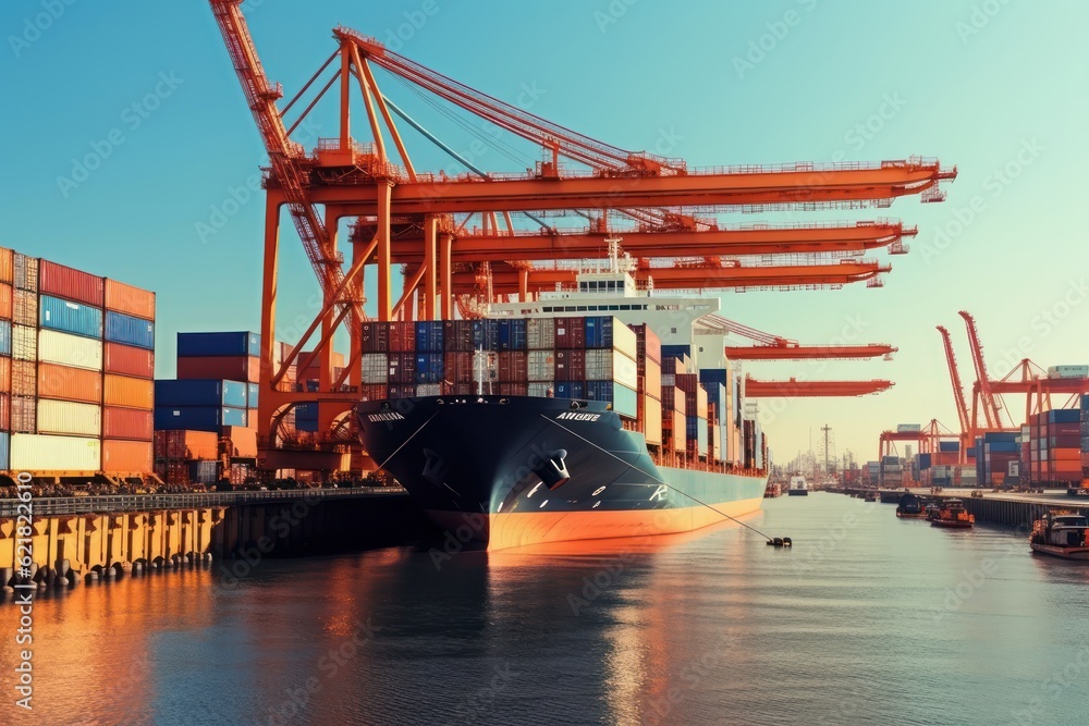 Container ship at the berth in cargo terminal of the port under loading ...