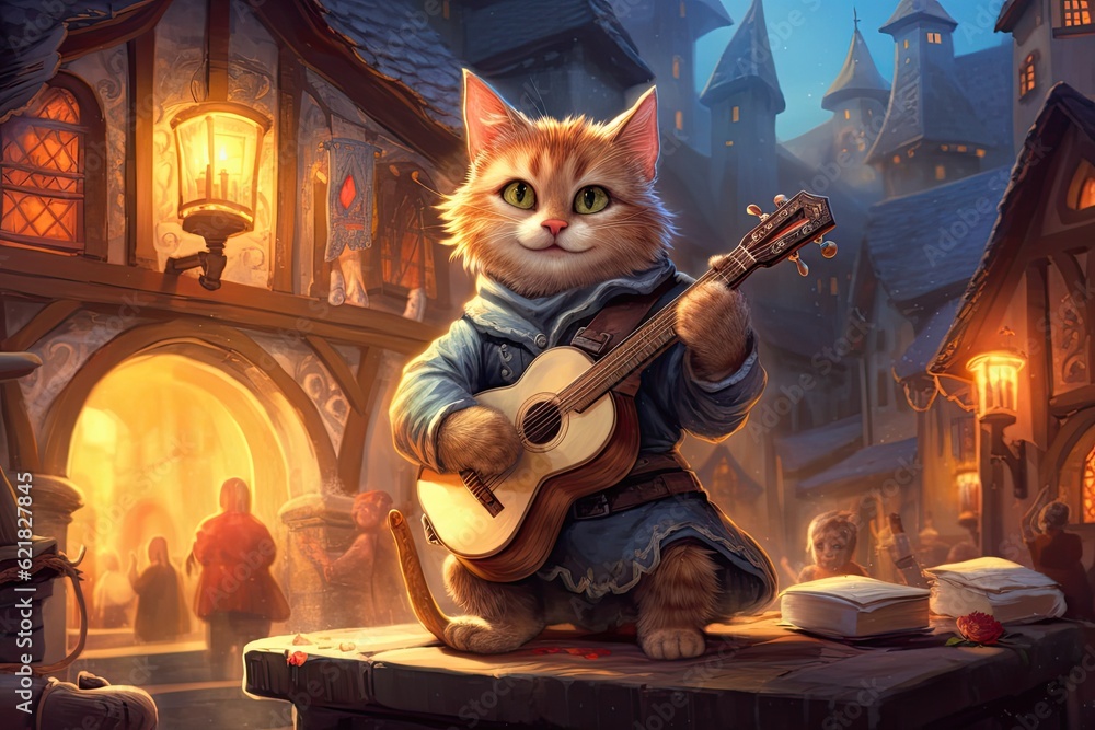 illustration of a cute bard cat with his lute, medieval city in ...