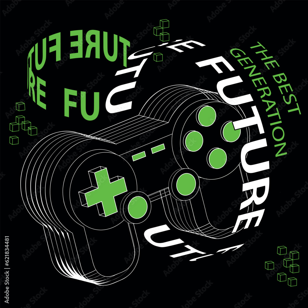 3D Gamer print . Vector joysticks gamepad illustration with slogan ...