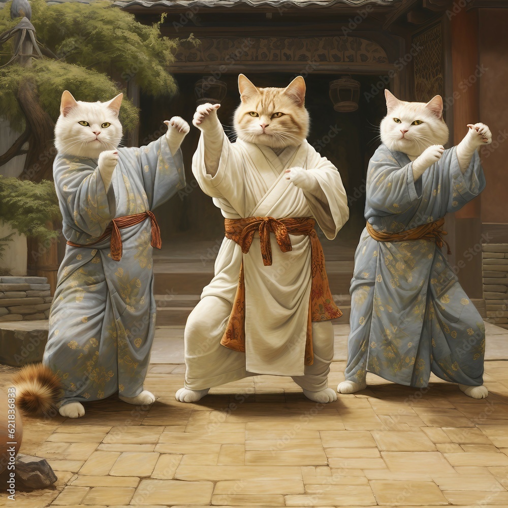 three cats wearing human tunics, playing tai chi in a courtyard ...