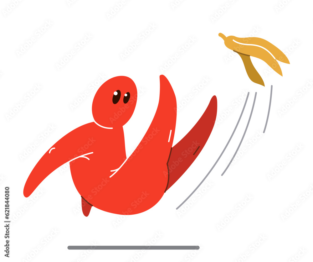 Small funny cartoon man falls because of banana skin vector flat style ...