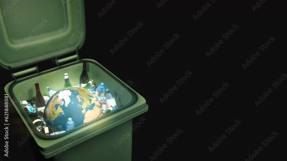 Earth globe 3D rendering in green garbage can between plastic, bottles ...
