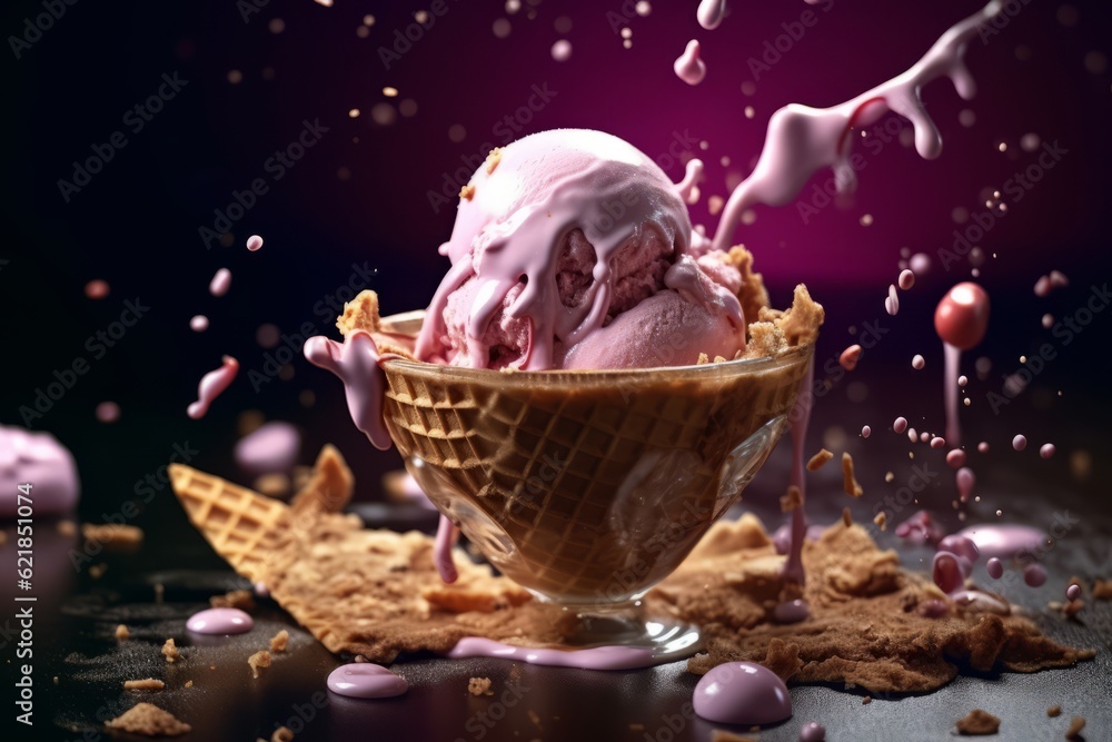 A visually stunning image showcasing a scoop of ice cream gently ...
