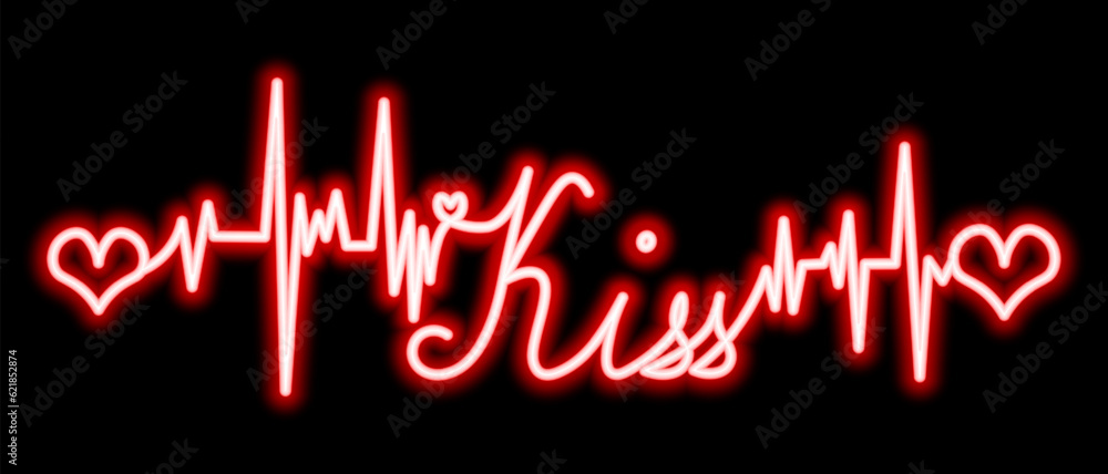 Kiss. The text is embellished with pulses and hearts. Red neon glow ...