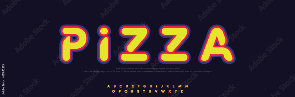 Pizza, bold bright font alphabet with color contour for sweet headline ...