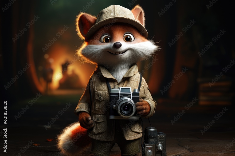 A charismatic anthropomorphic fox wearing a stylish fedora and carrying ...
