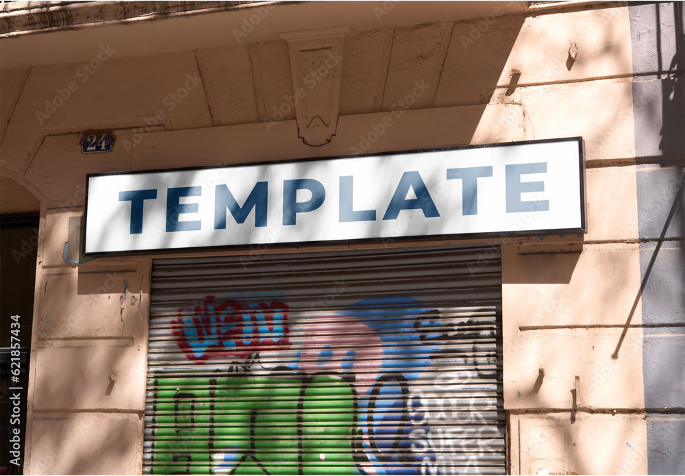 Mockup of customizable sign on building exterior with graffiti Stock ...