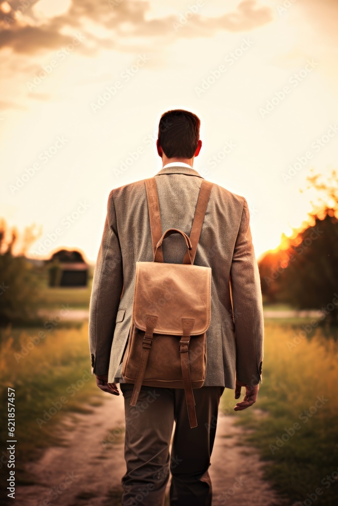 Missionary man with suitcase on his back walking through the field at ...