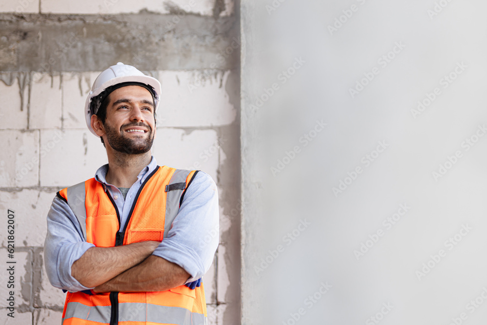 engineer handsome man or architect looking construction with white ...