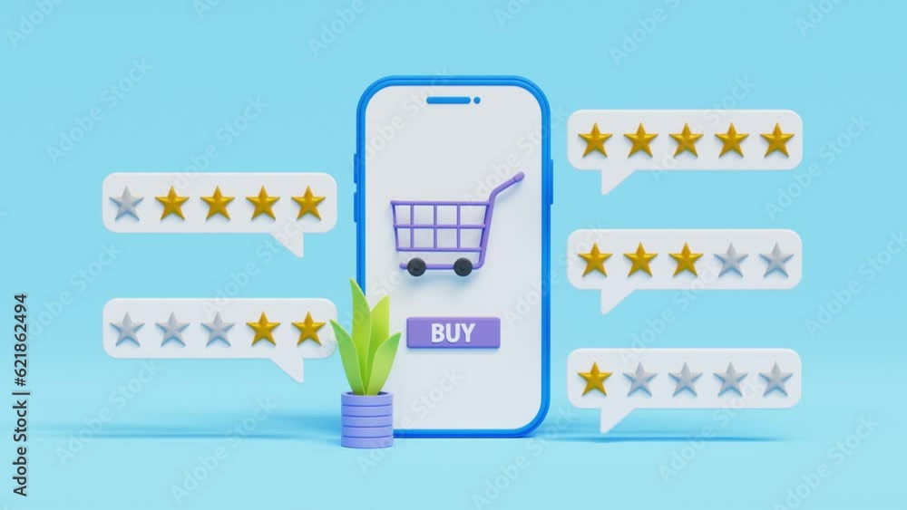 Rate online store mobile app concept. 3d smartphone with shopping cart ...