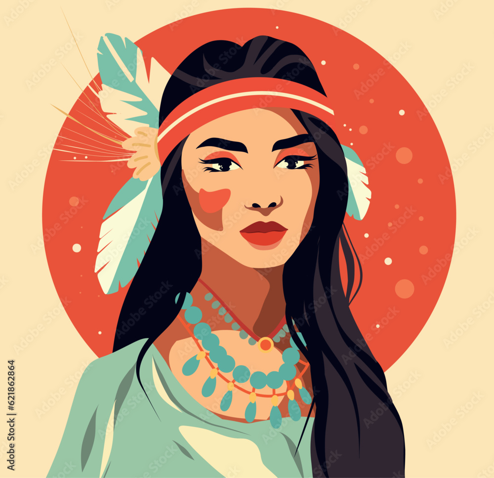 Vector social media avatar icon native american girl. Feathers in hair ...