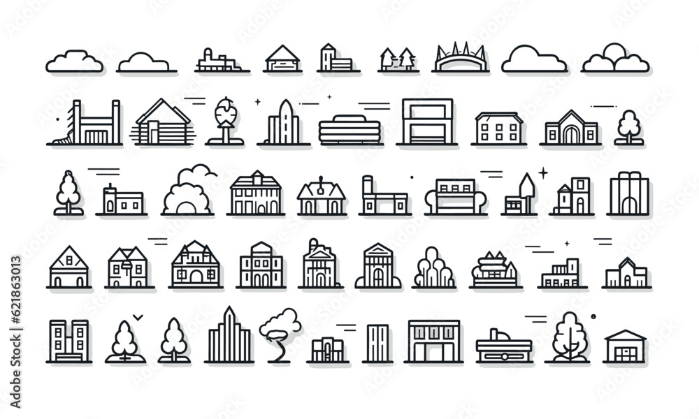 Icons of the city in the form of lines on a transparent background with ...