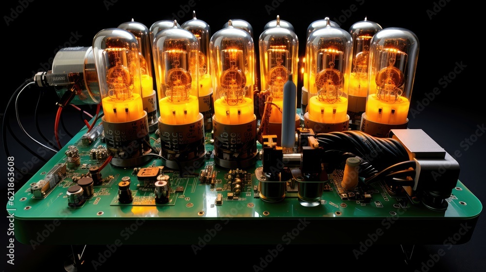 glowing corn shape transistor lamps on the motherboard of the amplifier ...