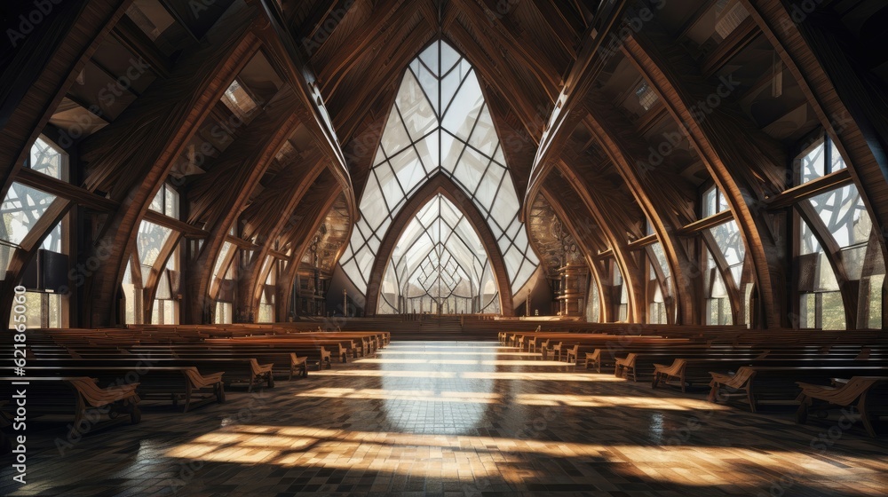 vast interior of a wooden cathedral, wood texture, clear wood, organic ...