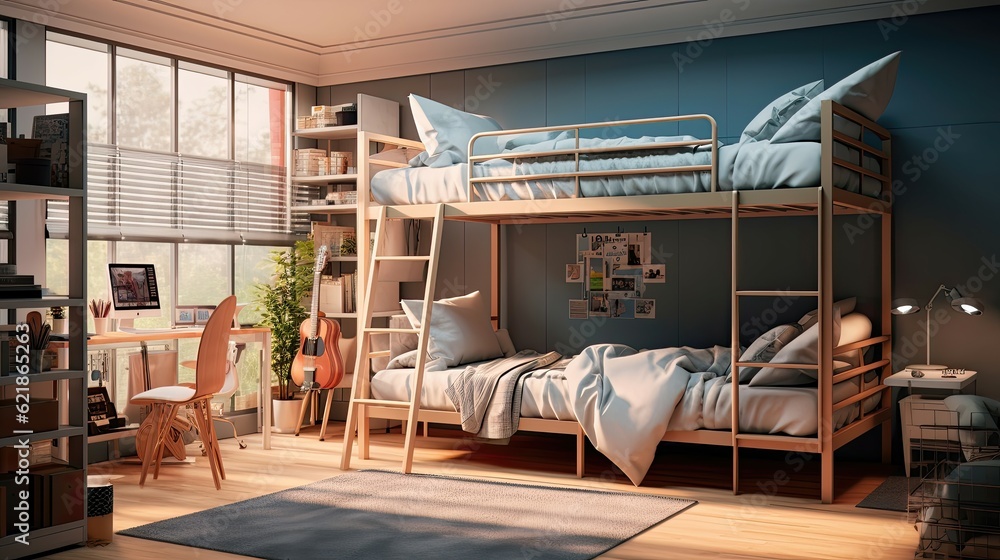 four-person student dorm room, bunk bed, neat and clean, minimalist ...