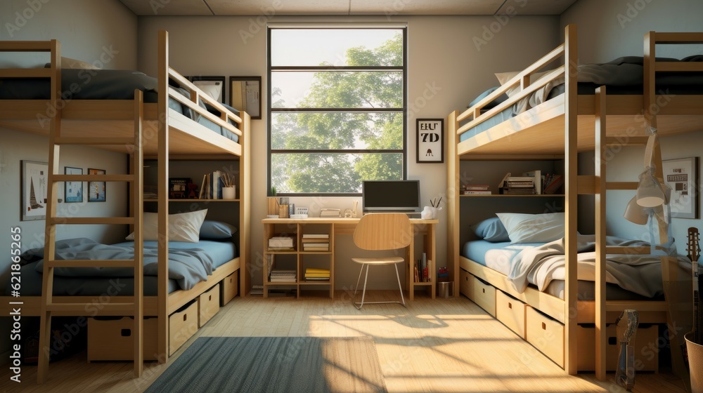 four-person student dorm room, bunk bed, neat and clean, minimalist ...