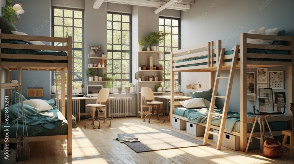 four-person student dorm room, bunk bed, neat and clean, minimalist ...