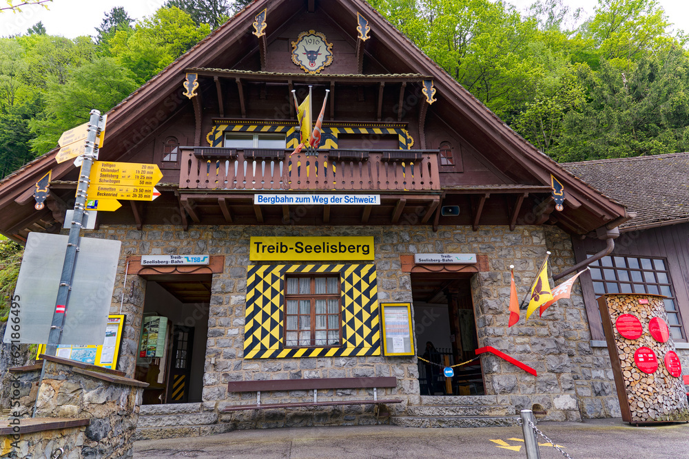 Valley station of cable car Treib Seelisberg at Canton Uri on a cloudy ...