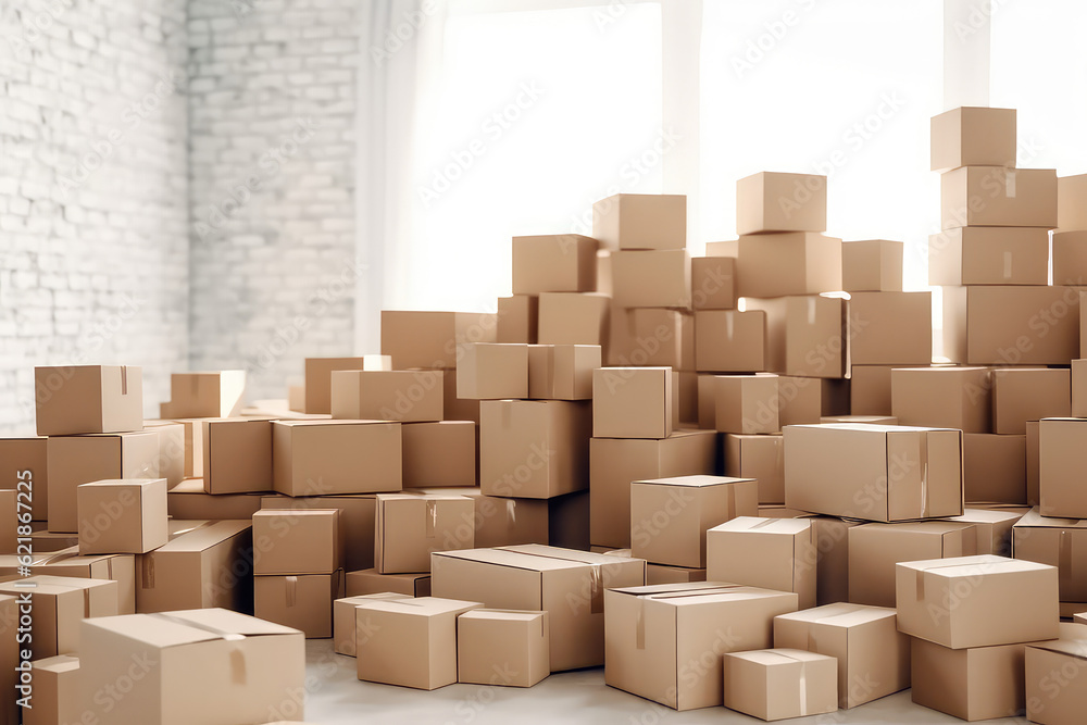 Huge pile of many cardboard plain boxes on white background. Lots of of ...