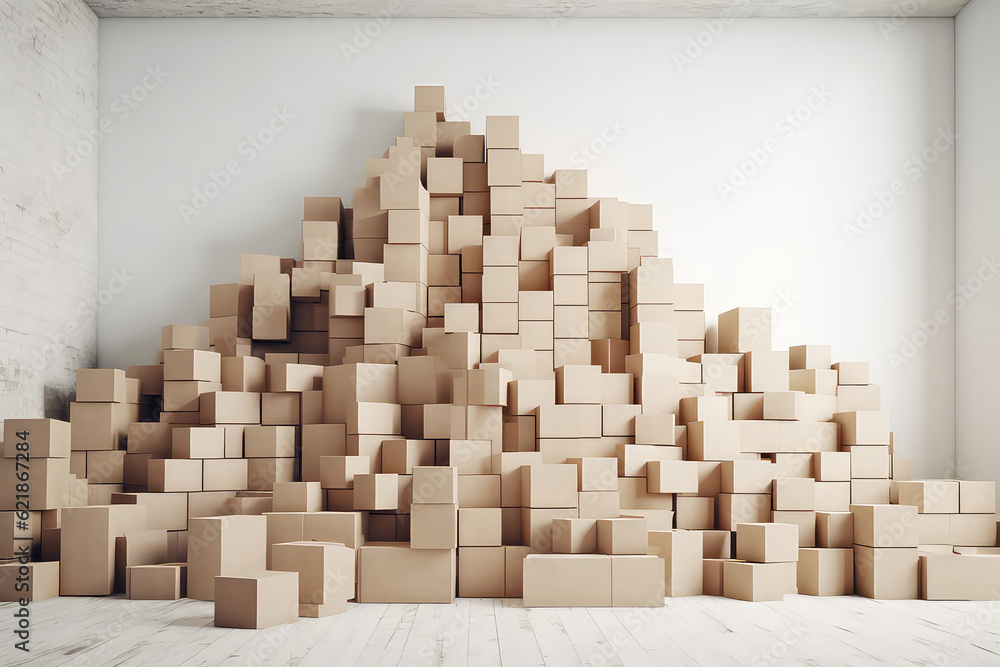 Huge pile of many cardboard plain boxes on white background. Lots of of ...