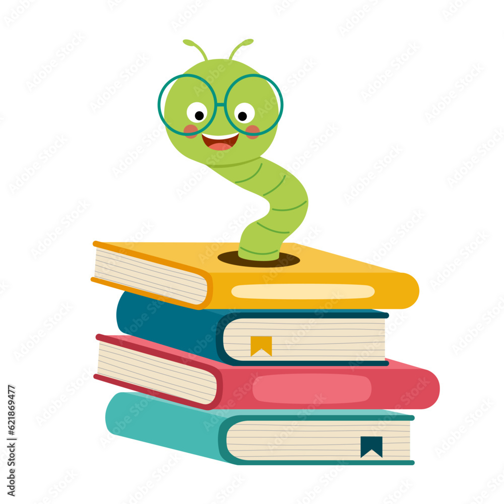 Cute bookworm in book cartoon character in flat design on white ...