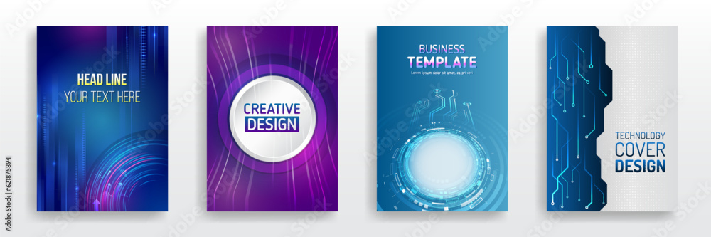 High-tech corporate document cover design. Blue set of hi-tech covers ...