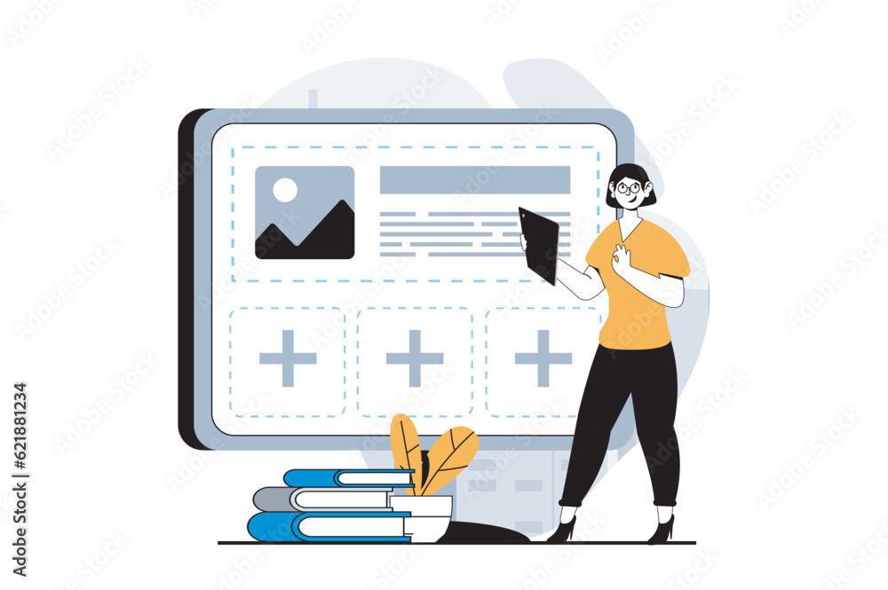 Web development concept with people scene in flat design. Woman ...