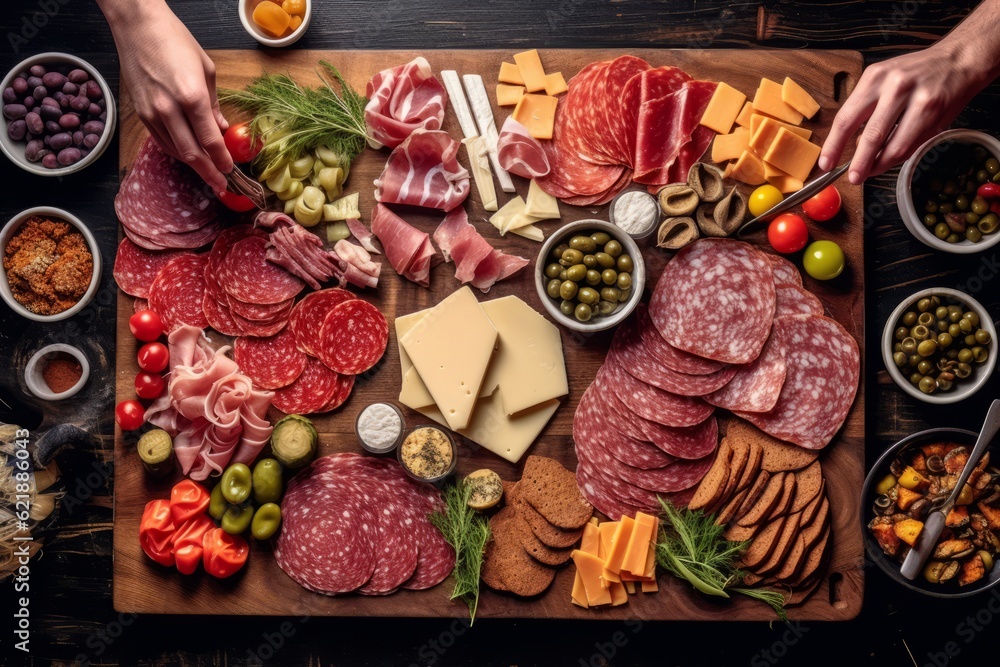 Image capturing the process of assembling a charcuterie platter, with ...